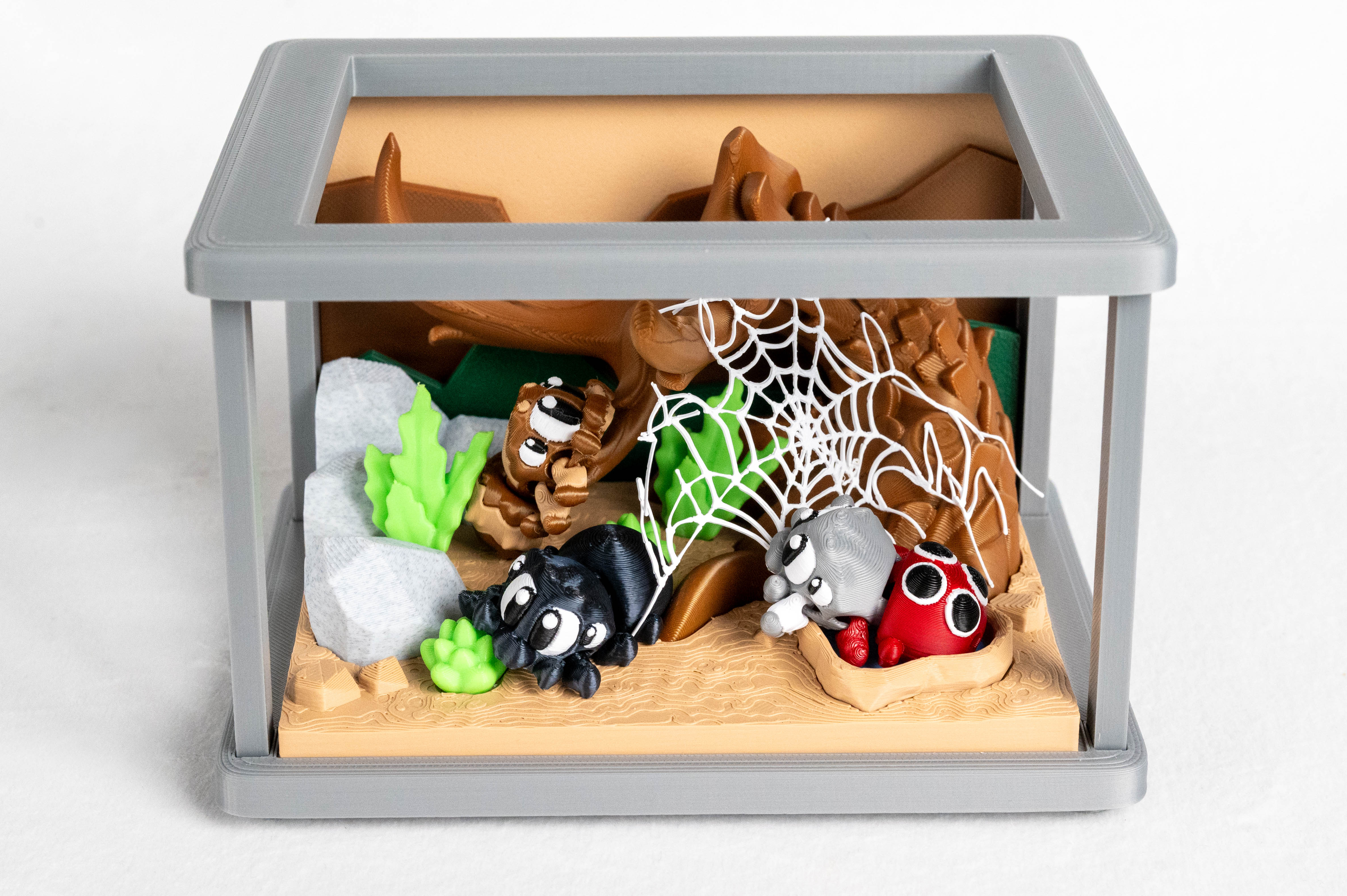 Spider Toy Enclosure - 3 Articulated Toy Spiders In Display Web
